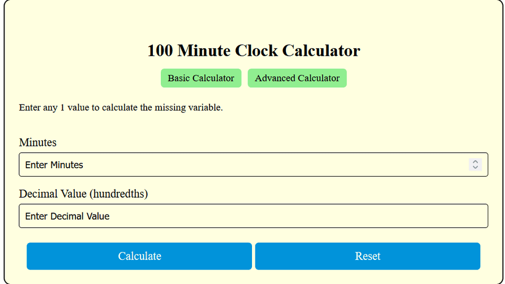 100 Minute Clock Calculator - Area Calculators