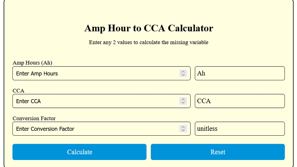 Amp Hour To Cca Calculator - Area Calculators