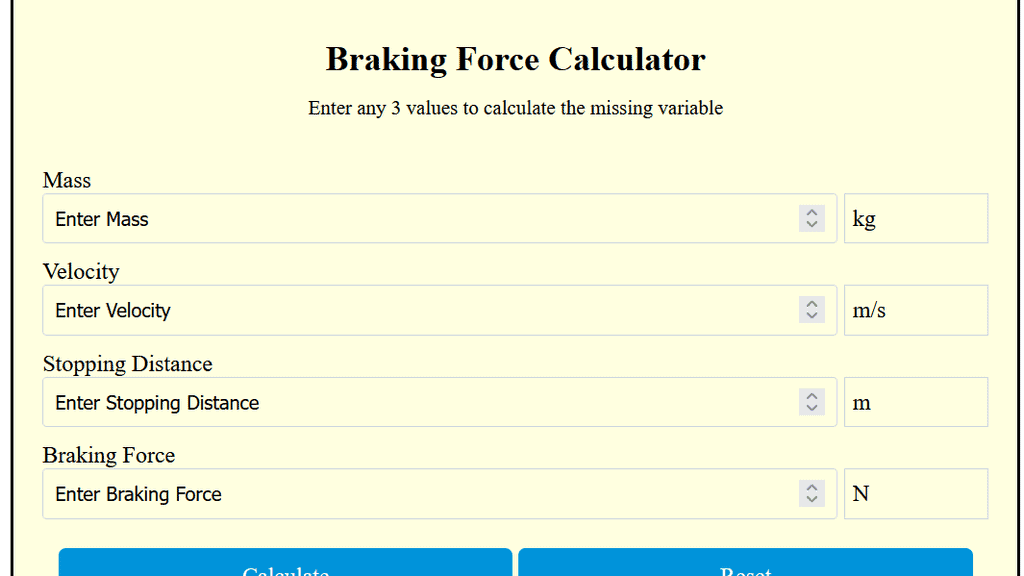 Braking Force Calculator - Area Calculators