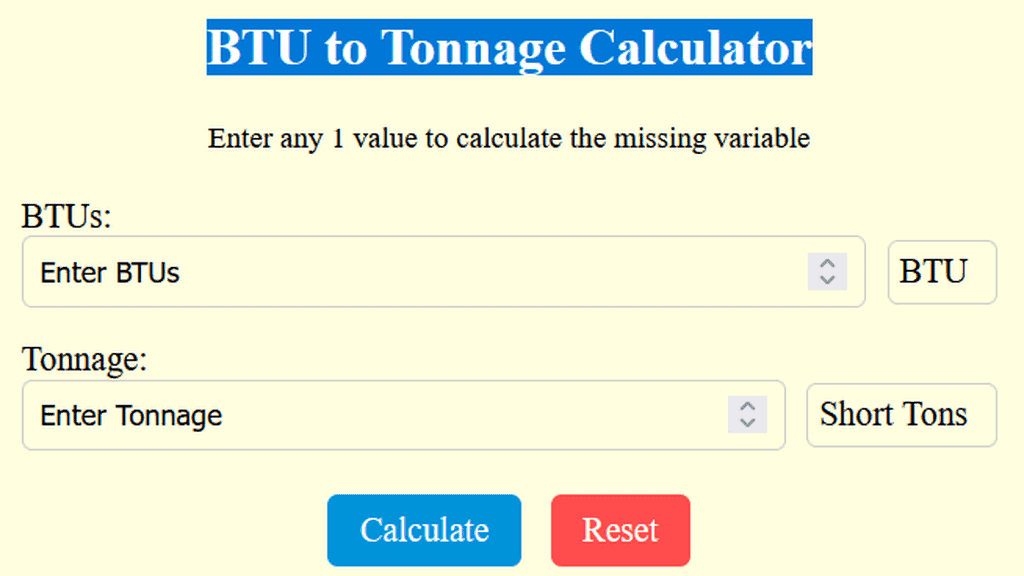 Btu To Tonnage Calculator - Area Calculators