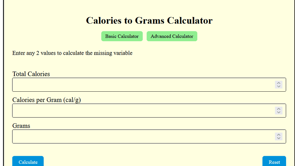 Calories to Grams Calculator - Area Calculators