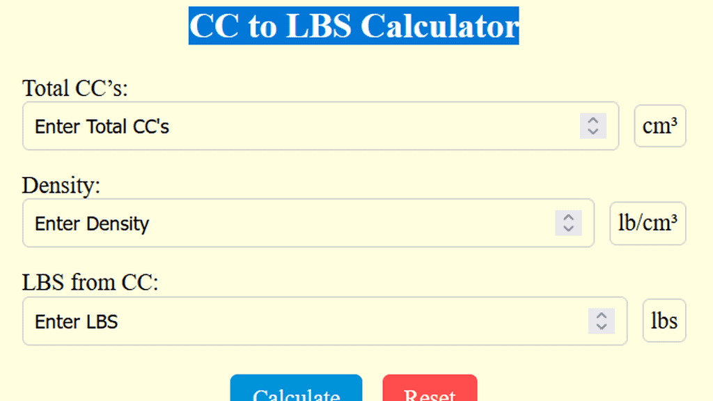 CC to Lbs Calculator [Convert Cubic Centimeters to Pounds 2025]
