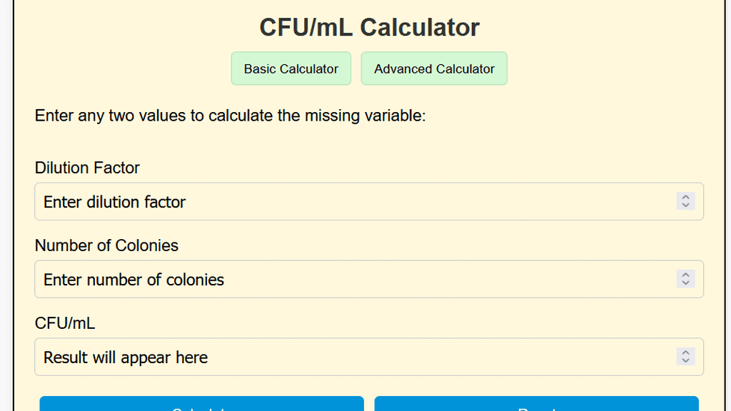 Cfu/Ml Calculator - Colony Forming Unit Of Bacteria Calculator