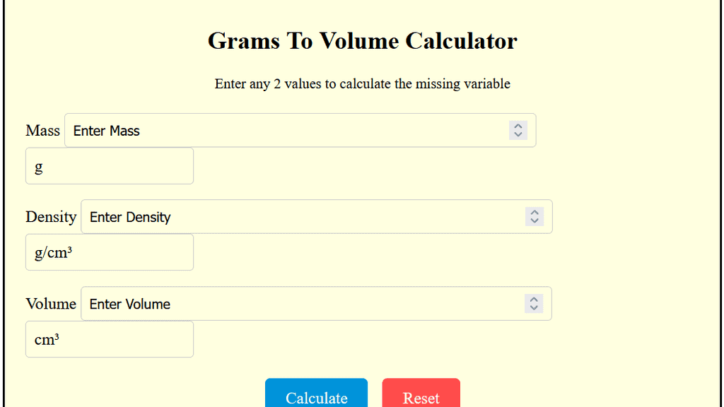 Grams To Volume Calculator - Mass, Density, Volume Calculator