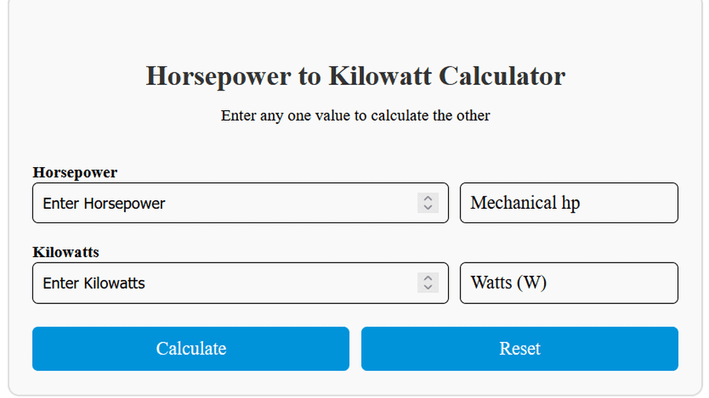 Horsepower To Kw Calculator - Area Calculators