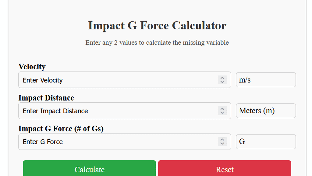 Impact G Force Calculator - Area Calculators