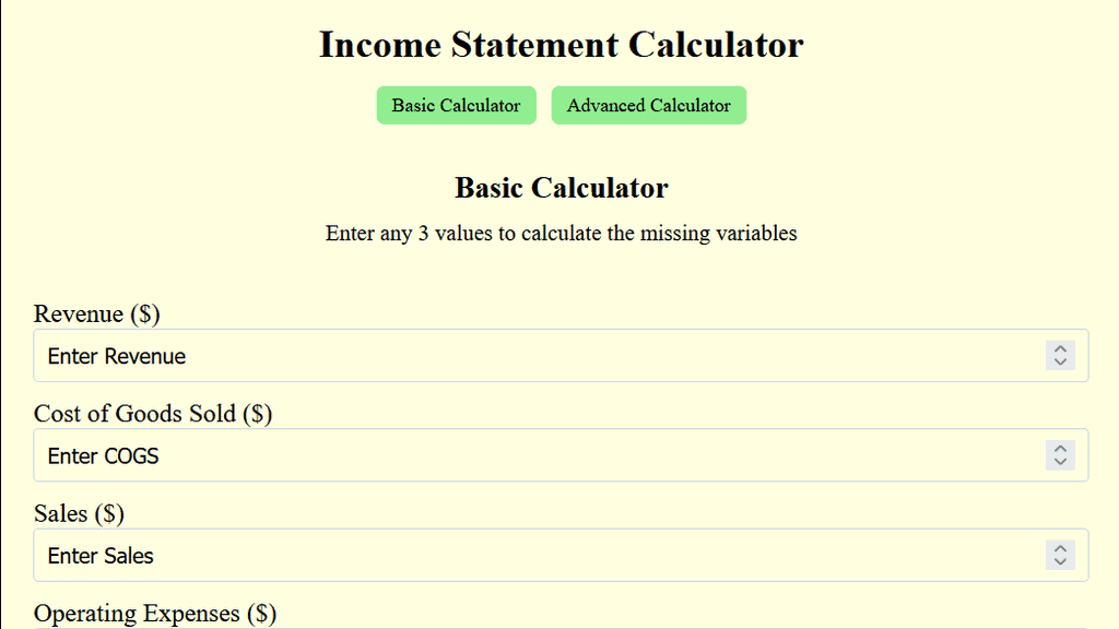 Income Statement Calculator - Area Calculators