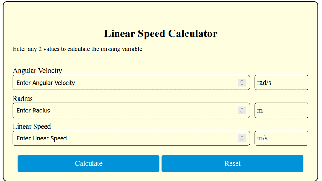 Linear Speed Calculator Area Calculators