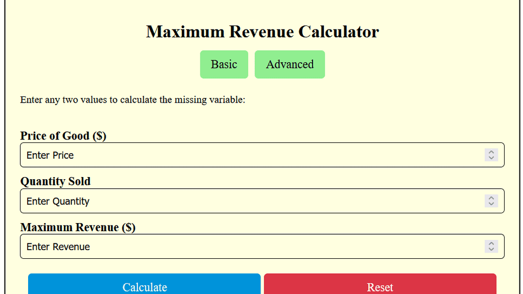 Maximum Revenue Calculator - Area Calculators