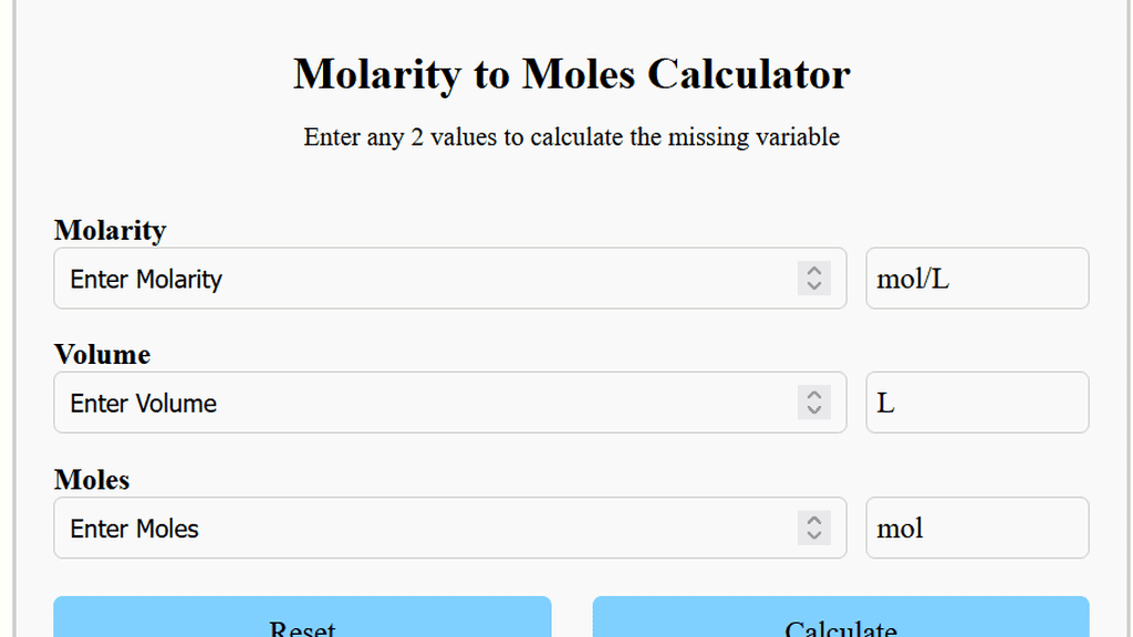 Molarity To Moles Calculator - Area Calculators