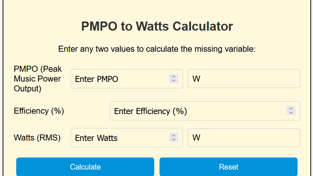 Pmpo To Watts Calculator - Area Calculators