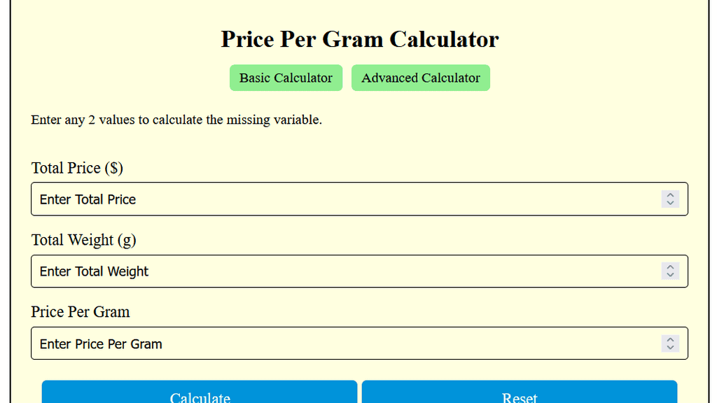 Price Per Gram Calculator - Area Calculators