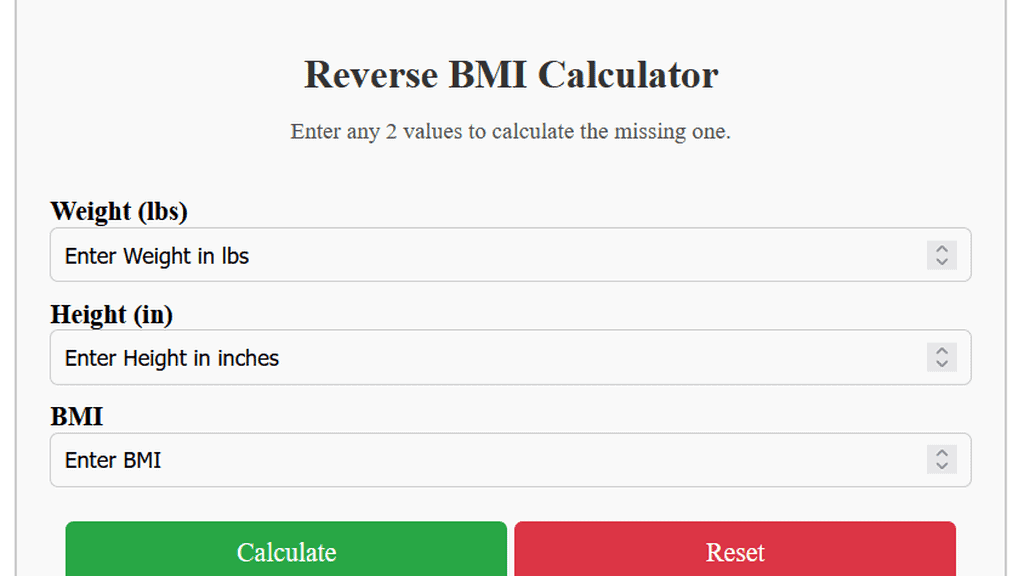 Reverse BMI Calculator - Area Calculators