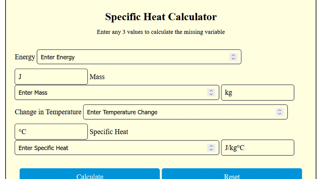Specific Heat Calculator - Area Calculators