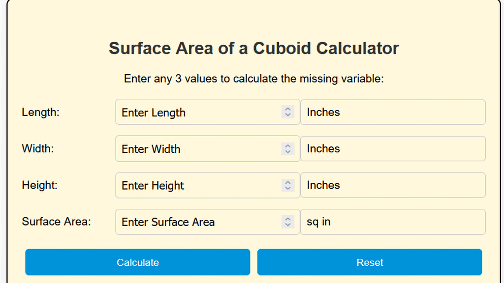Surface Area of a Cuboid Calculator - Area Calculators