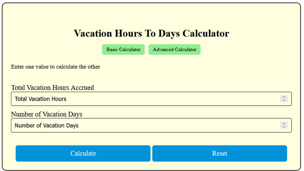 Vacation Hours To Days Calculator - Area Calculators